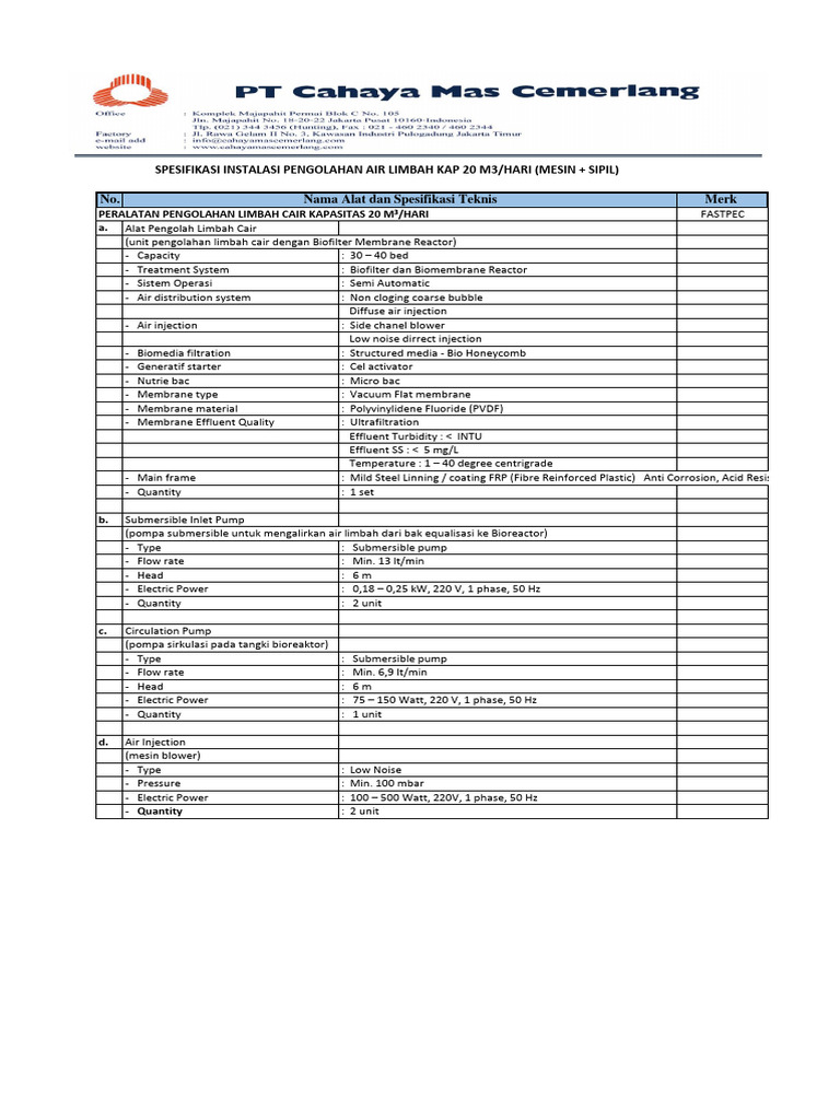 Spesifikasi Pengolahan Limbah Cair 20 m³/h | PDF | Unit Operations ...