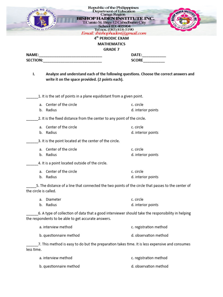 G7 4th Periodic Exam in Math | PDF | Circle | Questionnaire
