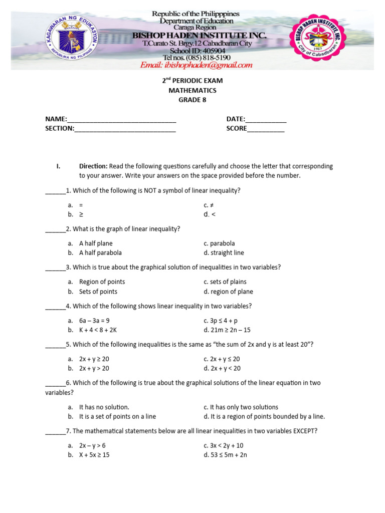 G8 2nd Periodic Exam in Math | PDF | Mathematics