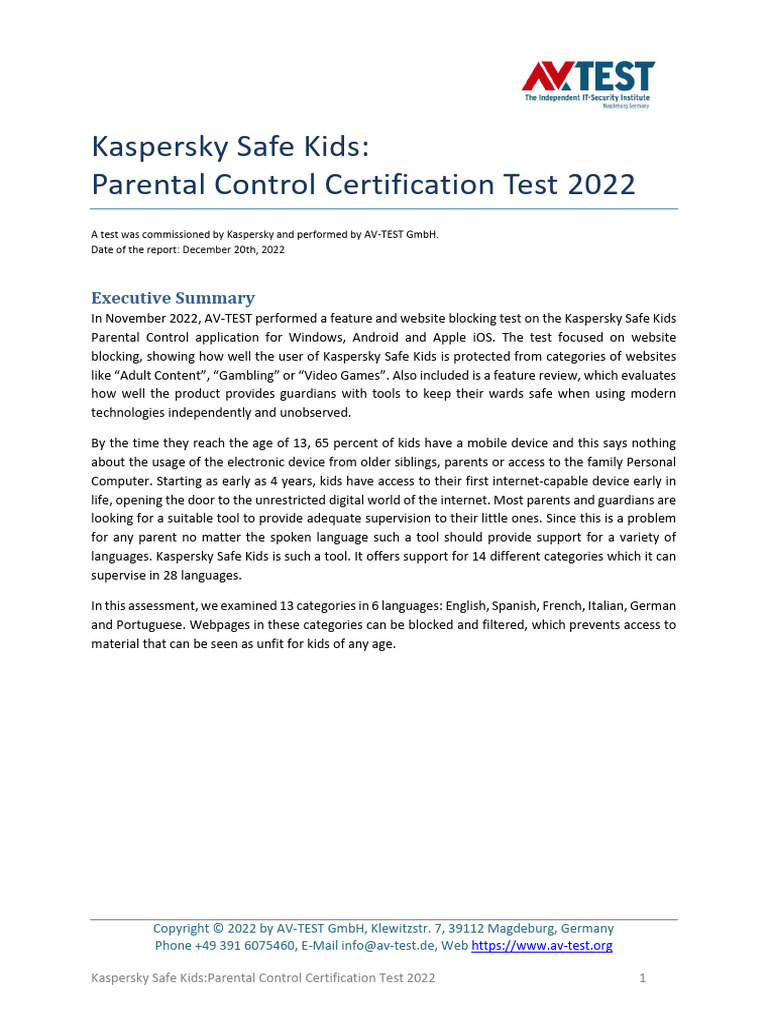 AV-TEST Kaspersky Parental Control Test December 2022 | PDF | Mobile ...