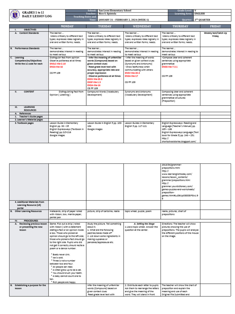 DLL - English 5 - Q3 - W1 | PDF | English Language | Learning