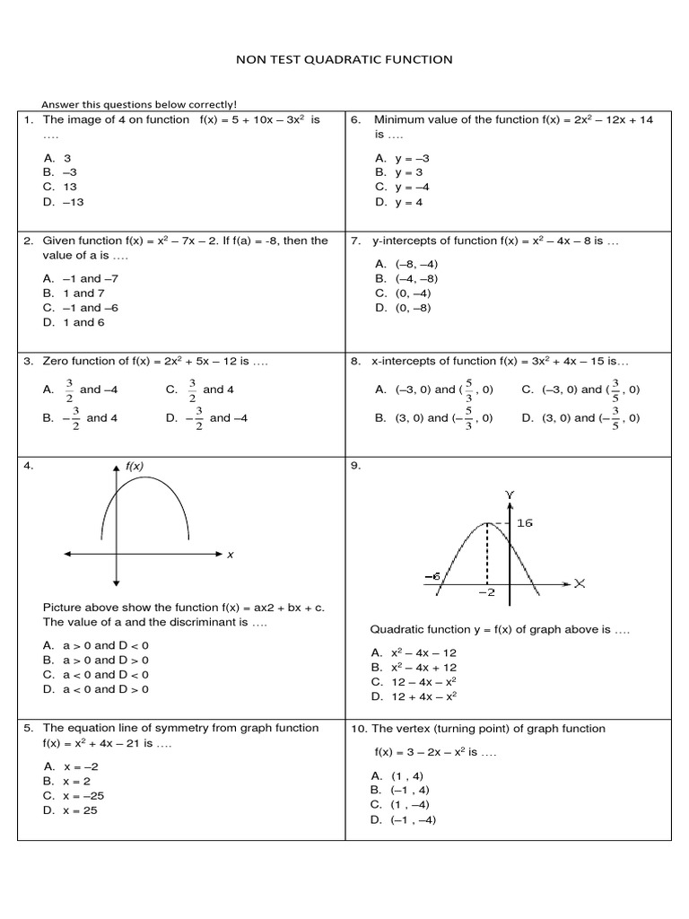 Quadratic Function Practice Questions | PDF | Quadratic Equation | Algebra