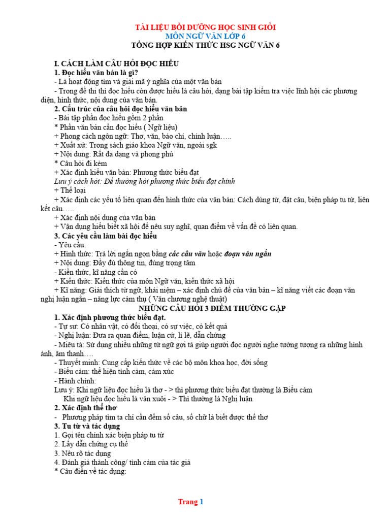 Tai Lieu On Thi HSG Ngu Van 6 Co Loi Giai | PDF