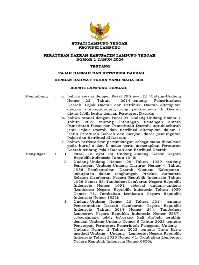 Perda Kabupaten Lampung Tengah No 1 2024 PDRD | PDF