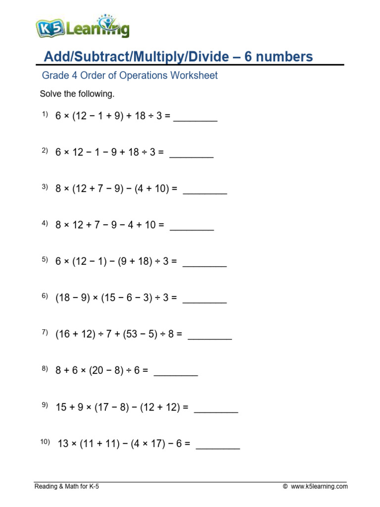 Grade 4 Add Subtract Multiply Divide Parenthesis Six Numbers A | PDF