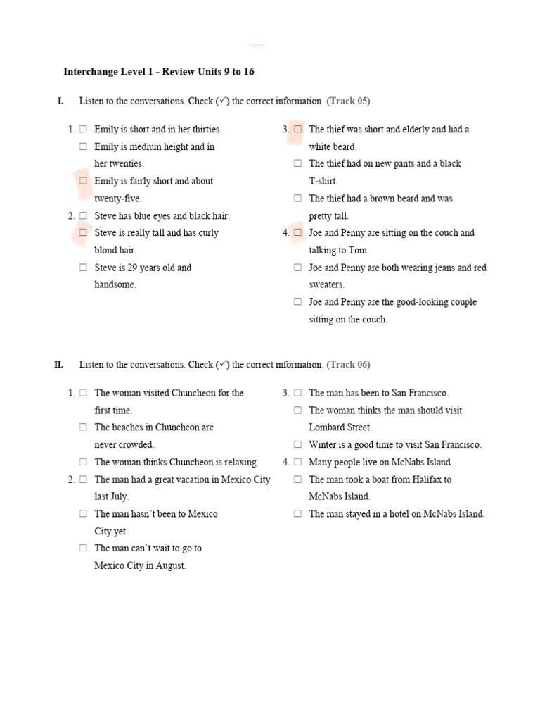 Interchange Level 1 - Review Units 9 To 16 | PDF | Language Arts ...