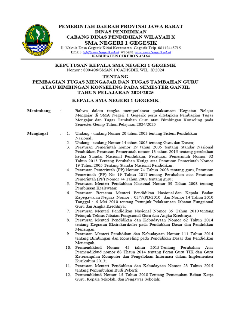 SK Beban Kerja Dan Tugas Tambahan Guru 2024-2025 | PDF