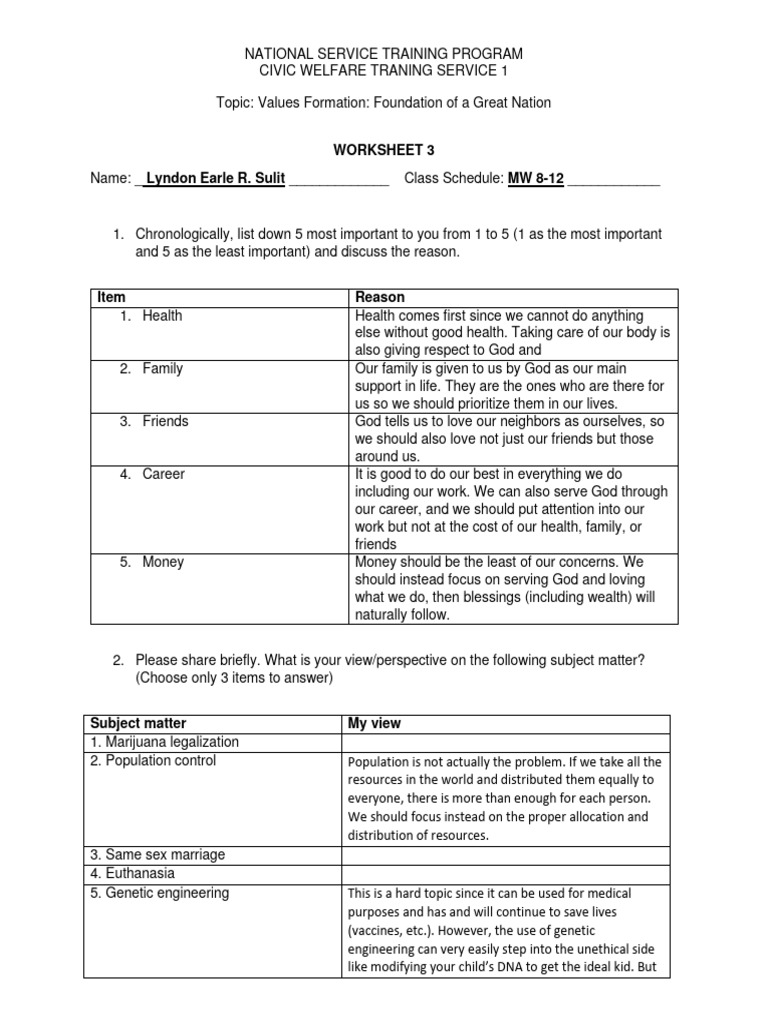 NSTP 1 worksheet 3 (sulit) | PDF | Family | Waste Management