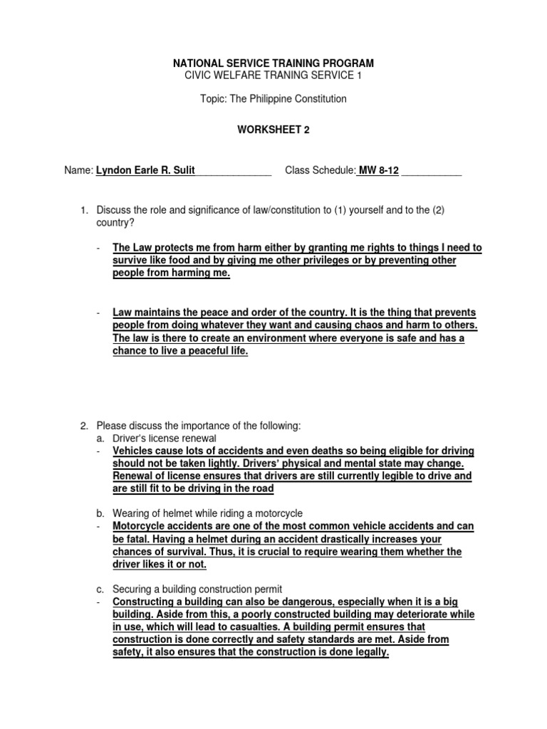 NSTP 1 Worksheet 2 (Sulit) | PDF | Traffic Collision | Citizenship
