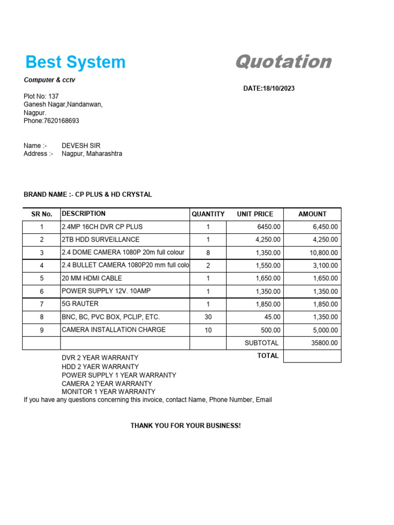CCTV Quotation1 | PDF | Technology & Engineering