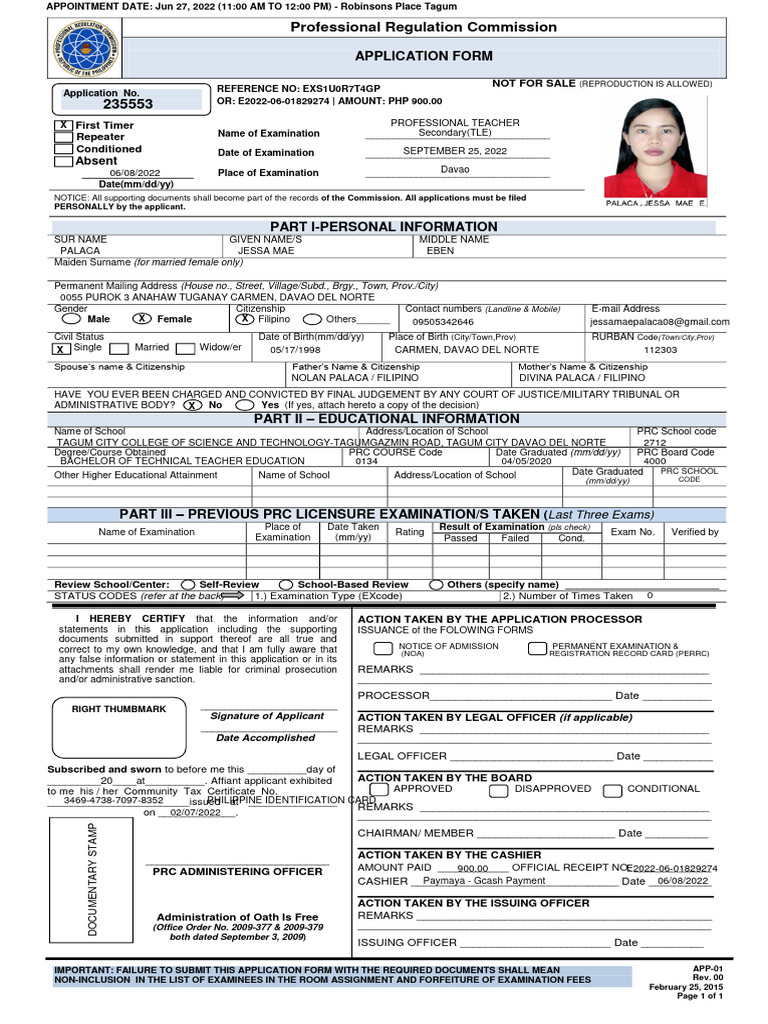 Jessa Mae Palaca PRC Application Form | PDF | Government | Justice