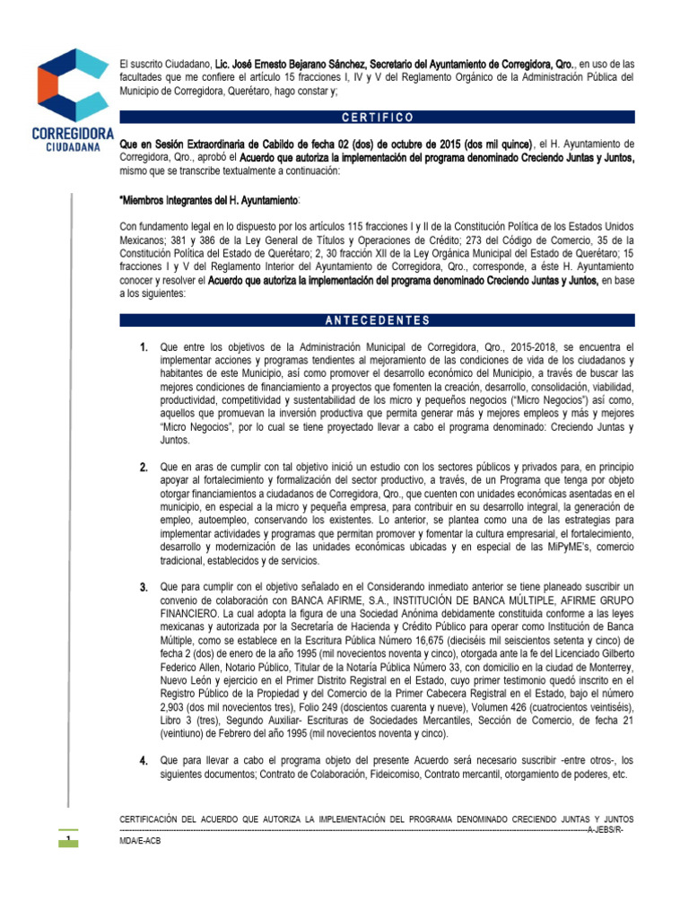 Certf. Programa Creciendo Juntas y Juntos | PDF | Economias