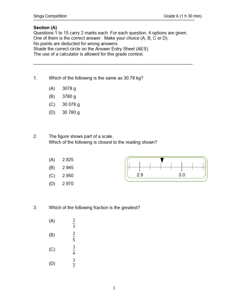 Grade 6 Singa Math Competition Paper | PDF | Elementary Geometry ...
