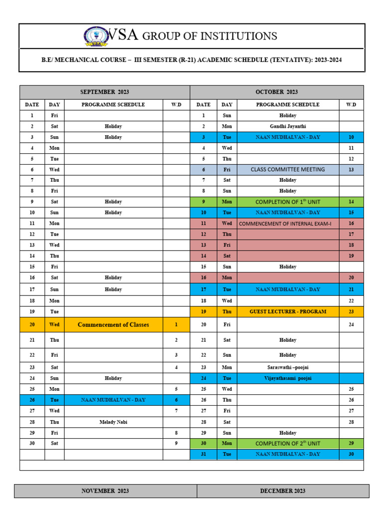 VSA Mechanical Engineering Academic Schedule | PDF | Educational Institutions | Schools