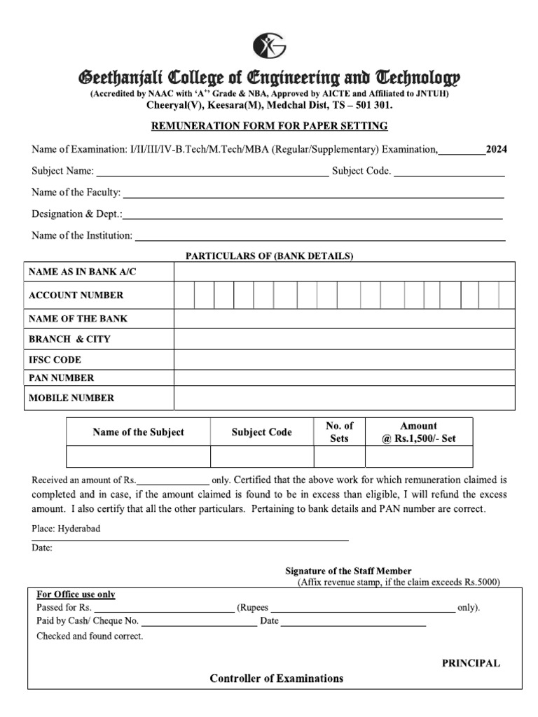 Paper Setter Remuneration Form | PDF
