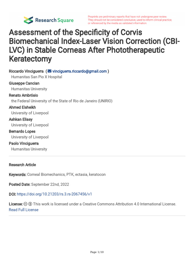 Corvis 生物力学指数 激光视力矫正 (CBI LVC) 在光疗性角膜切除术后稳定性角膜特异性的评估Assessment of the ...