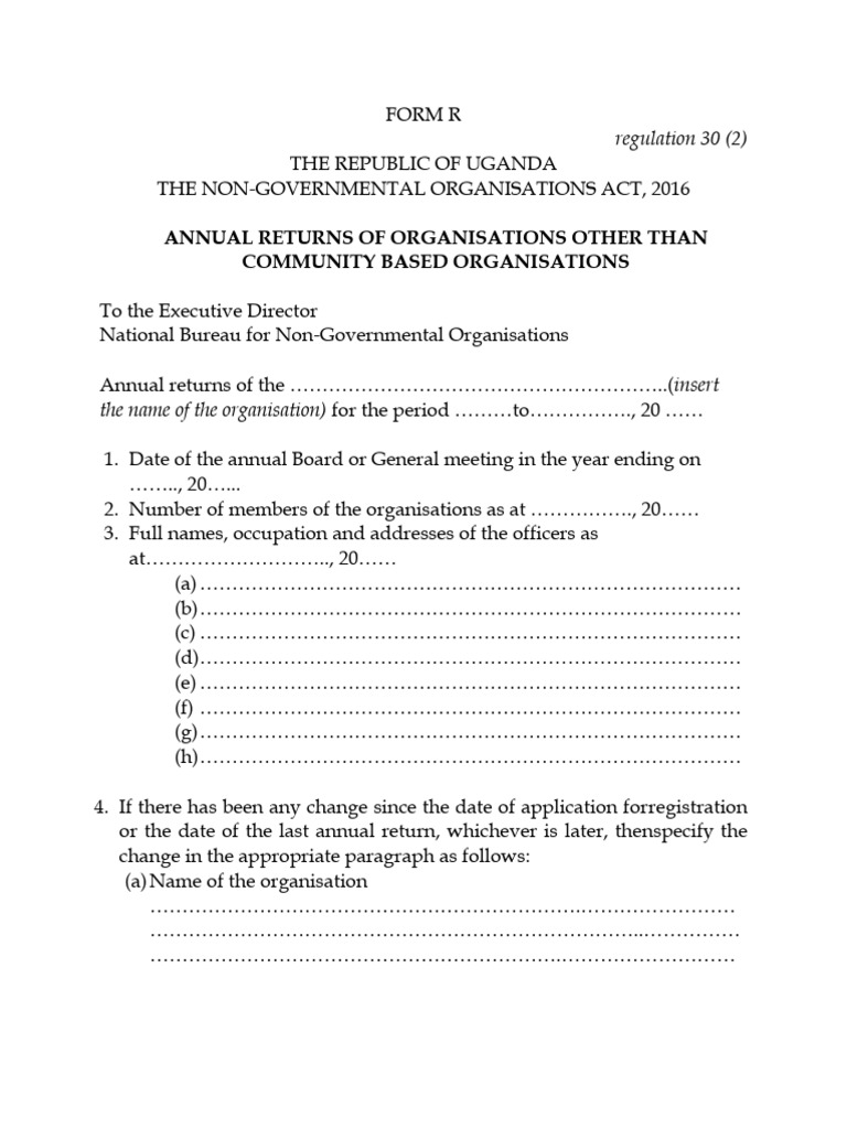 Uganda NGO Annual Returns Form R | PDF | Government