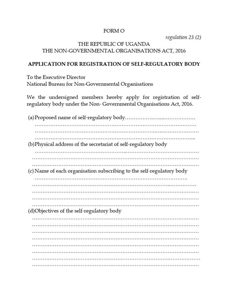 FORM O Application For Registration of A Self-Regulatory Body | PDF | Government | Justice