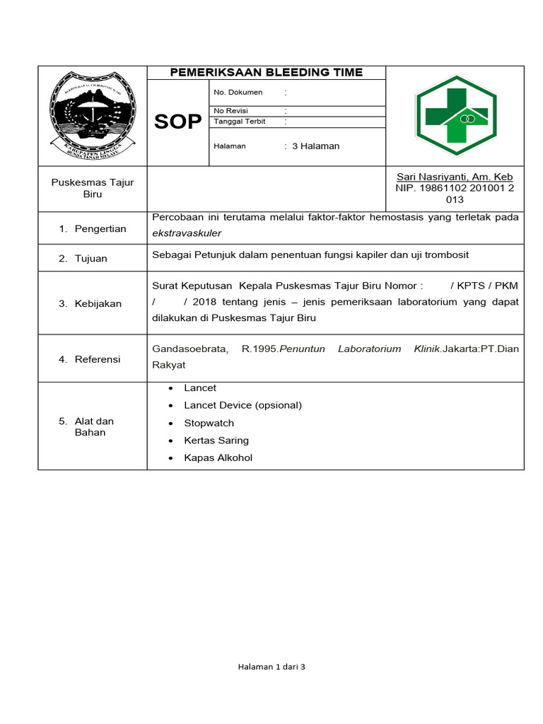 Sop Pemeriksaan Bleeding Time | PDF