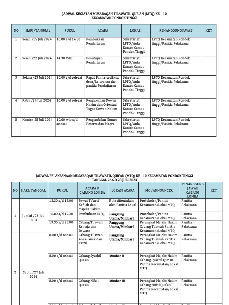 Jadwal Kegiatan MTQ Ke - X | PDF