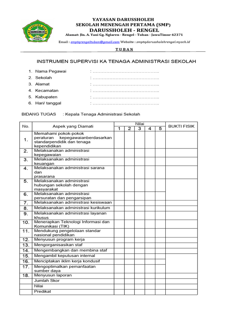 Instrumen Supervisi Tenaga Kependidikan | PDF
