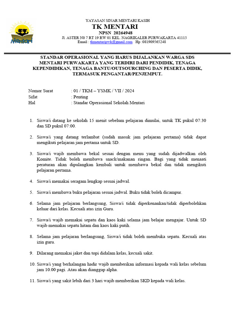 Aturan Sekolah Mentari Purwakarta | PDF