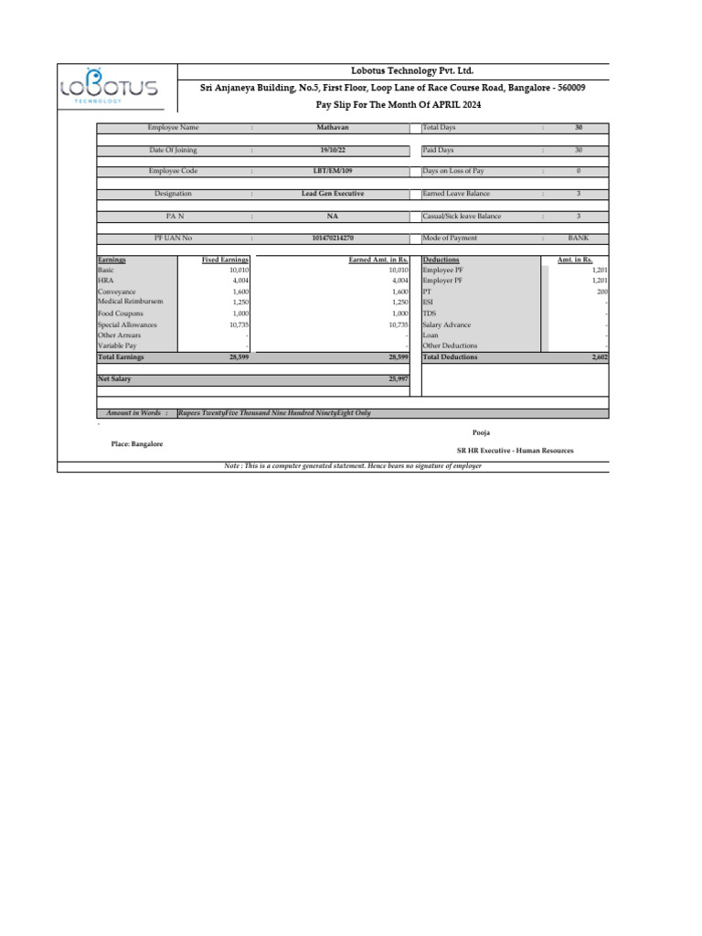 Payslip - April 2024 - Mathavan | PDF | Salary | Personal Finance