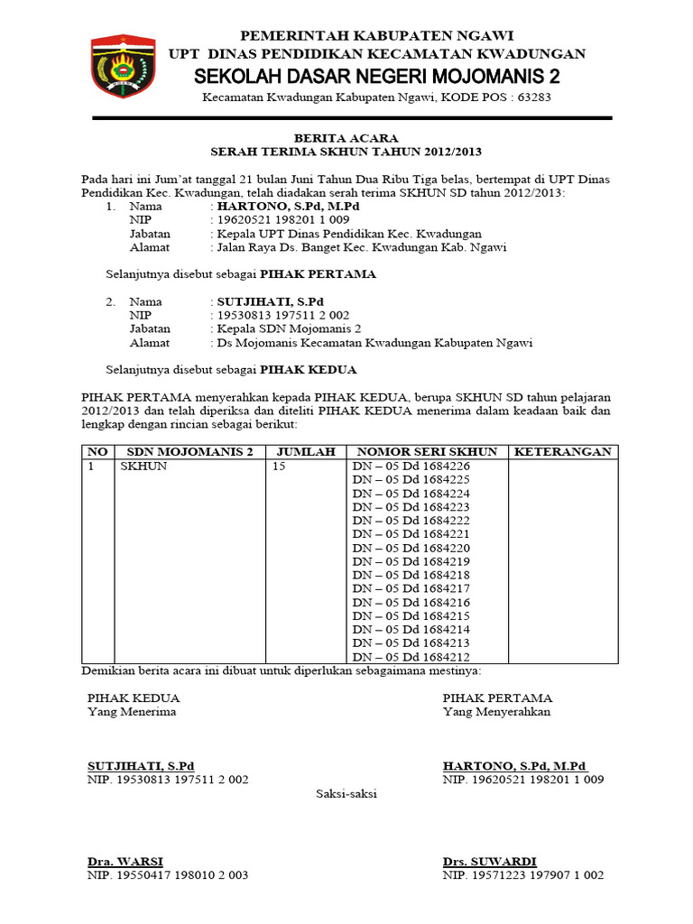Berita Acara Serah Terima SKHUN SD | PDF