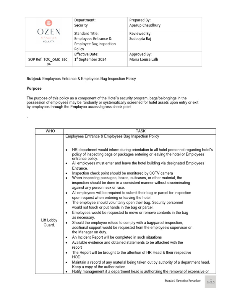 Employee Bag Inspection Policy | PDF
