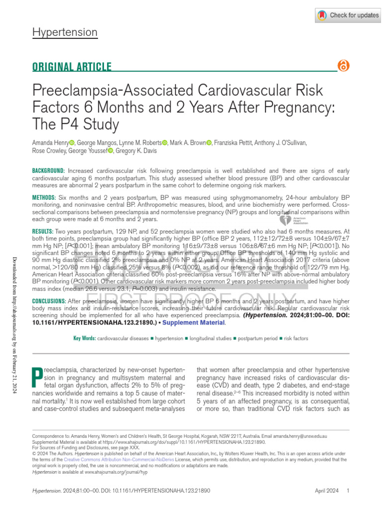 Henry Et Al 2024 Preeclampsia Associated Cardiovascular Risk Factors 6 Months and 2 Years After ...