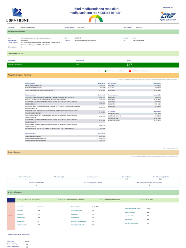 Paluri Madhusudhana Rao Credit Report | PDF | Credit | Finance & Money ...