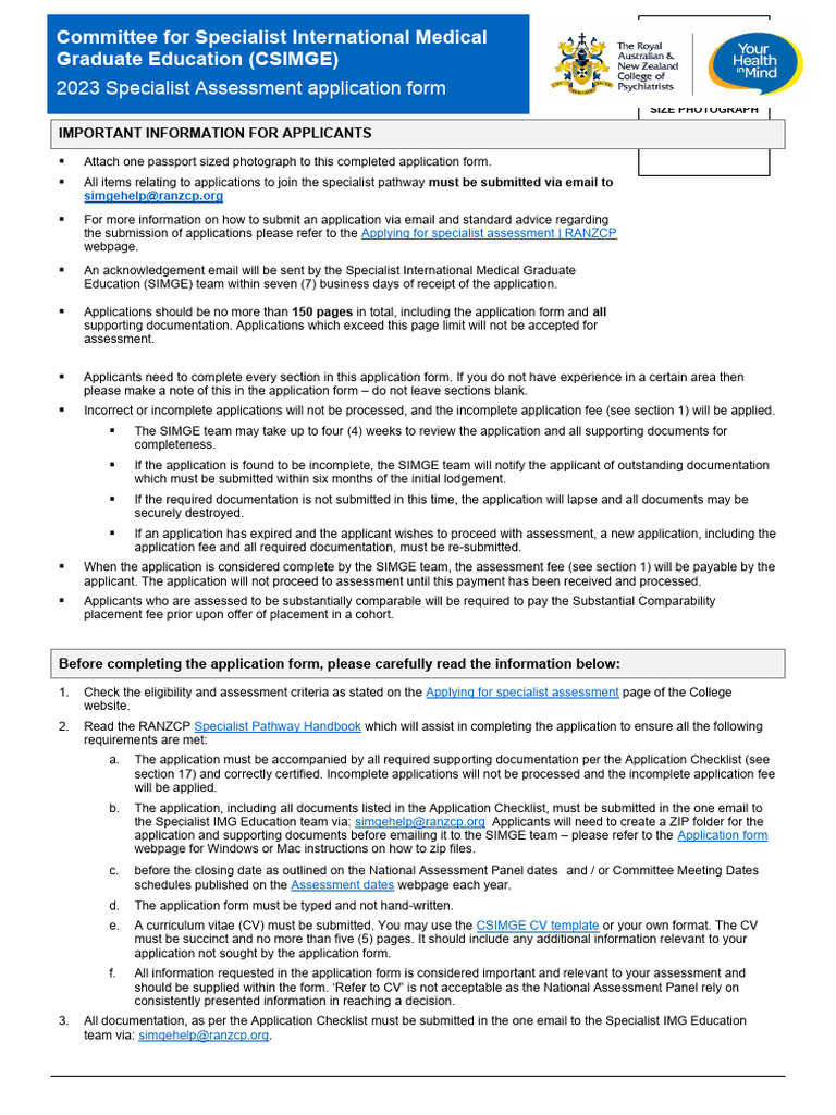 2023 Specialist Assessment Application Form | PDF | Consul (Representative) | Psychiatry