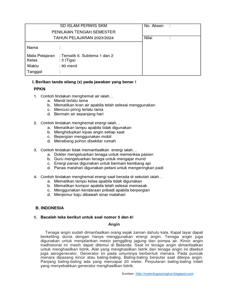 UTS SKM KELAS 3 Hari Ke 3 (Tema 6 Sub 1 2) Kelas 3 SMT 2 | PDF