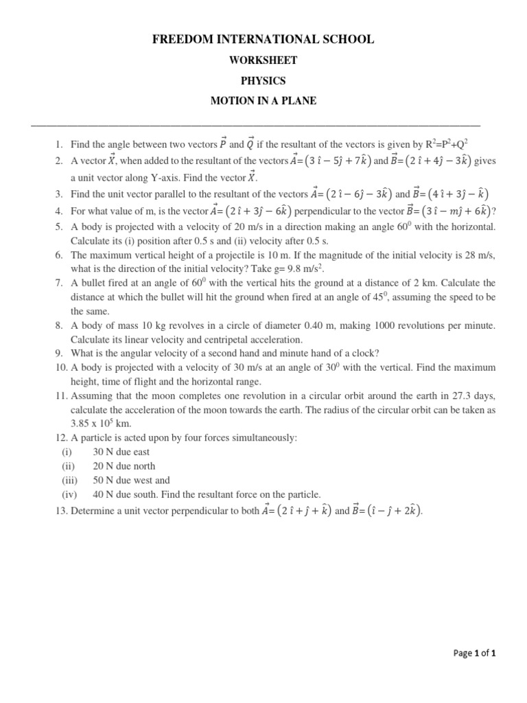 Physics Worksheet: Motion in a Plane | PDF | Velocity | Acceleration