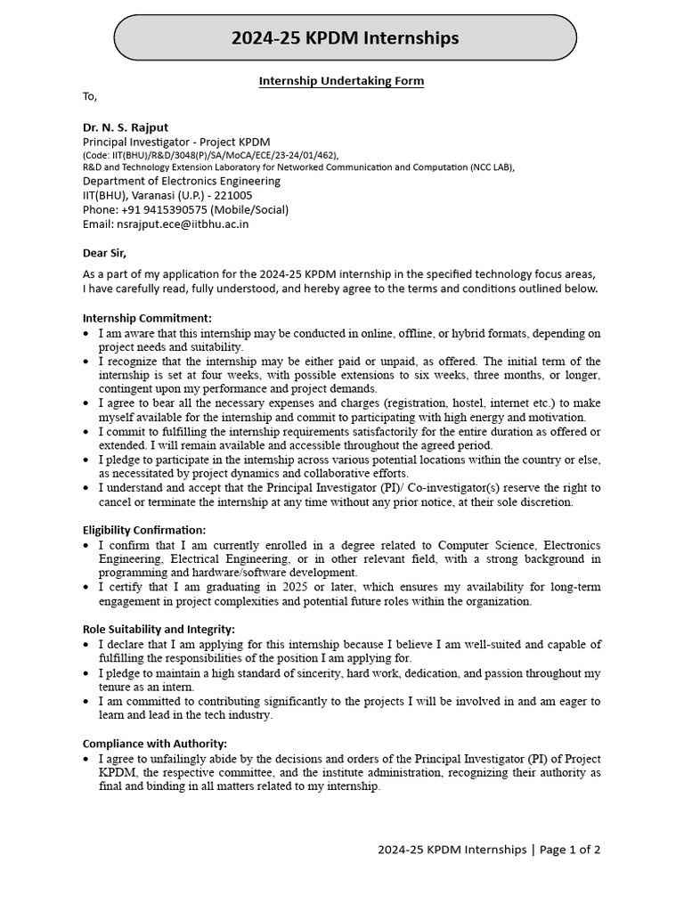 2024-25 KPDM Internship Undertaking Form | PDF | Confidentiality ...