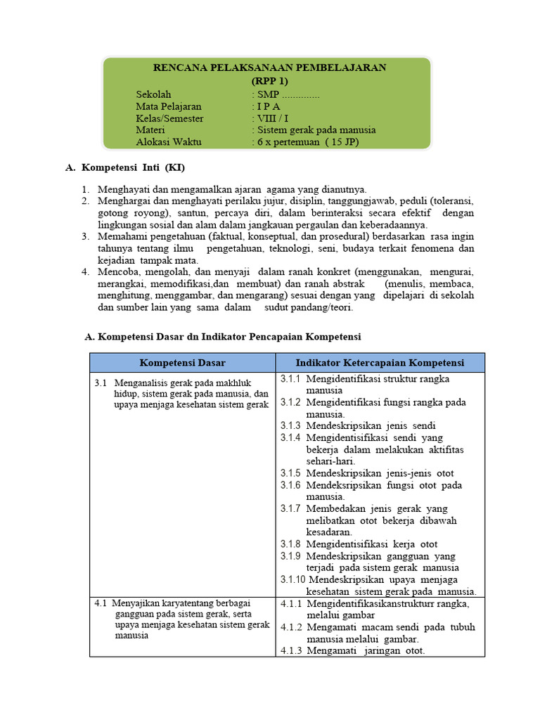RPP KD. 3.1 Sistem Gerak | PDF