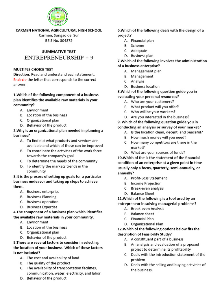 3RD Summative Test in Entrep 9 | PDF | Feasibility Study | Entrepreneurship