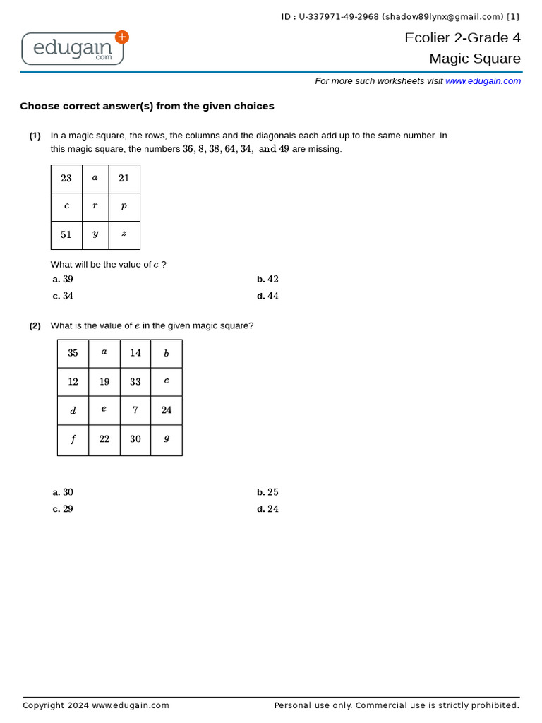 Magic Square Worksheets for Grade 4 | PDF | Mathematics | Linear Algebra