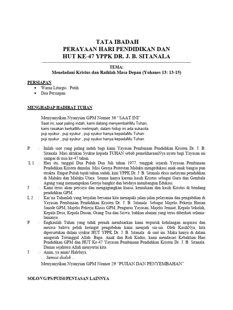 TATA IBADAH HUT 47 YPPK Dr. J.B.Sitanala | PDF