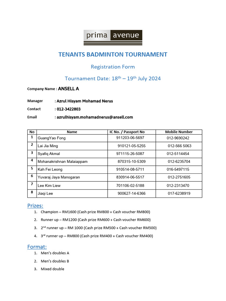 PRIMA AVENUE TENANTS BADMINTON TOURNAMENT REGISTRATION FORM-Ansell A | PDF