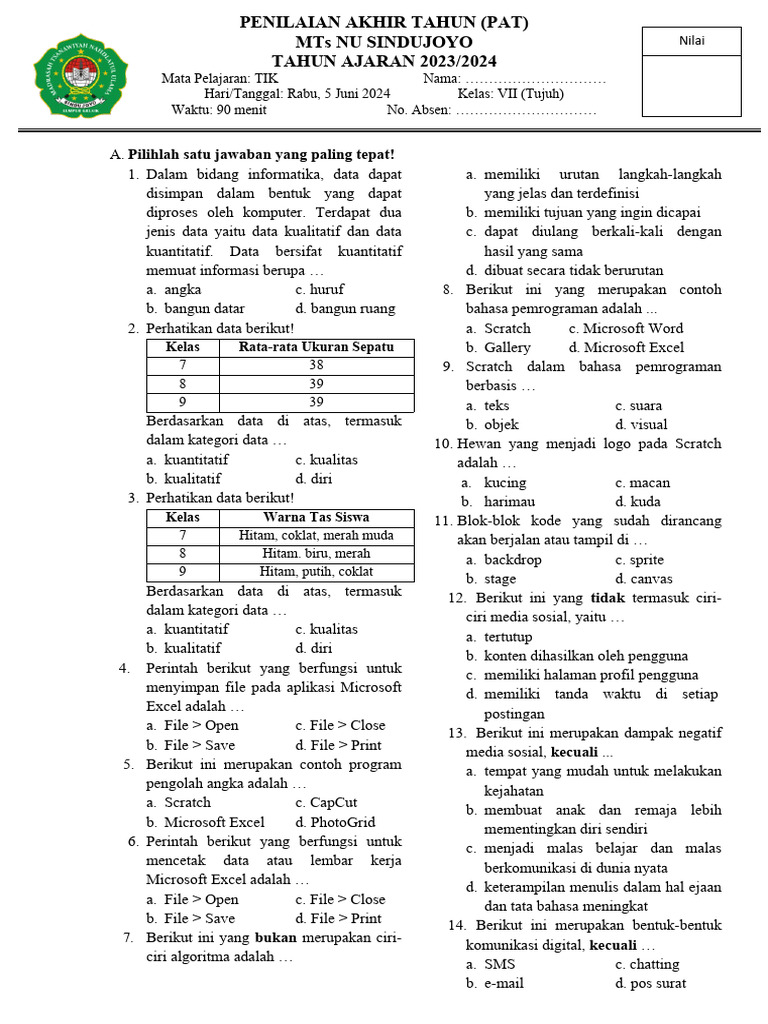 PAT TIK Kelas VII MTs NU Sindujoyo 2024 | PDF