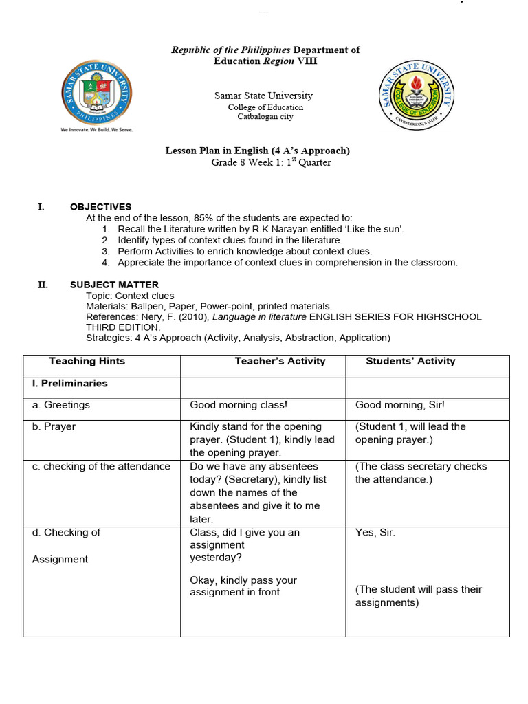 English 6, Lesson Plan. | PDF | Lesson Plan