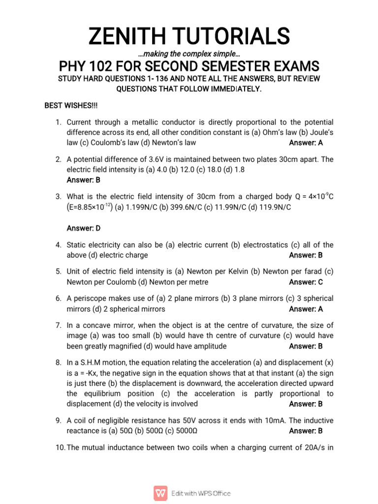 Zenith's Phy 102 PDF For Exam | PDF | Inductor | Inductance
