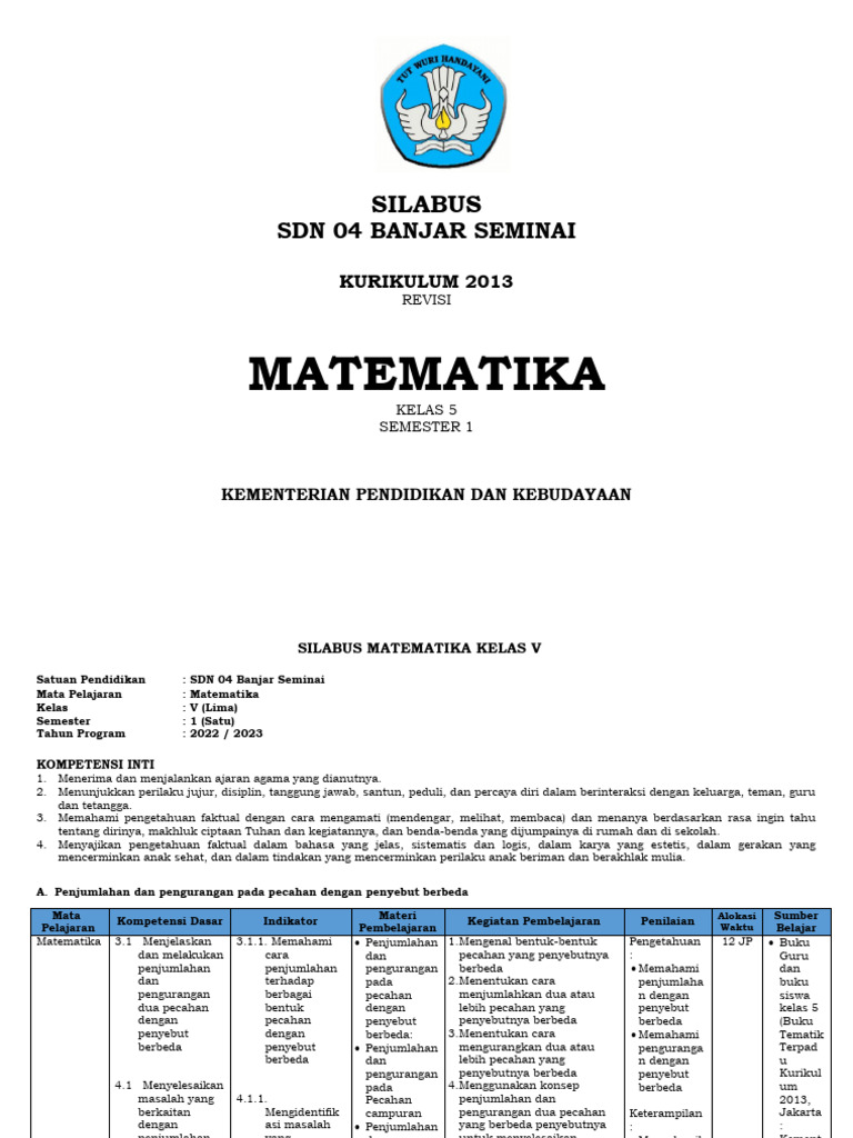 Silabus Matematika Kelas 5 Sem 1 | PDF