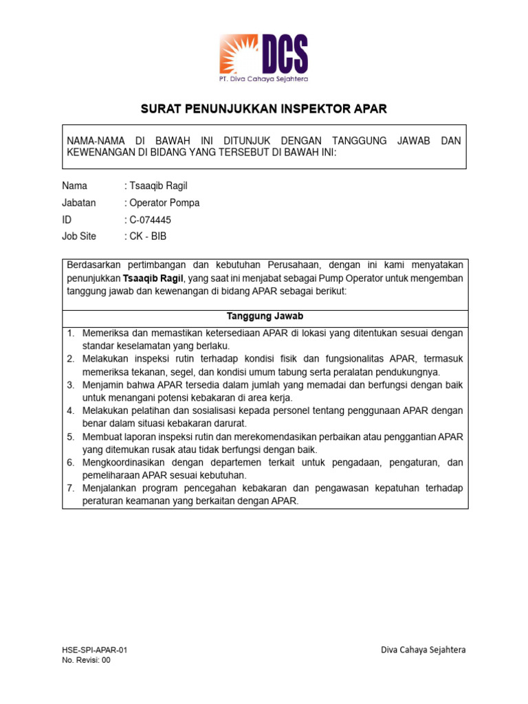 Penunjukan Inspektor APAR di Diva Cahaya Sejahtera | PDF