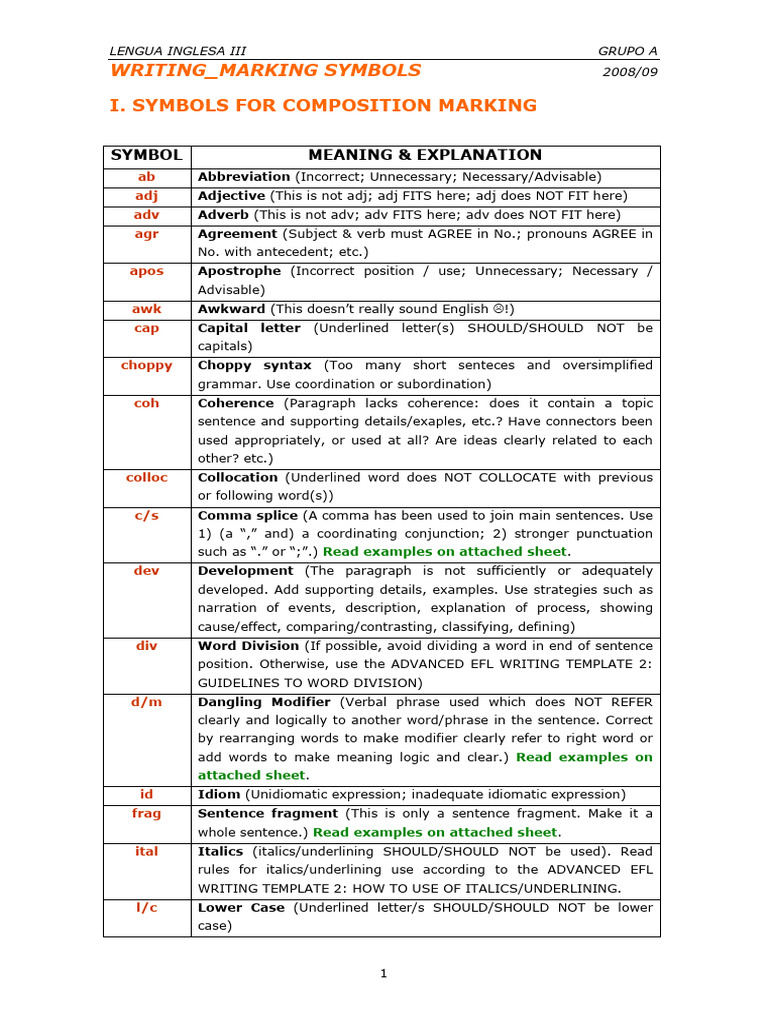 Writing Marking Symbols | PDF | Verb | Word