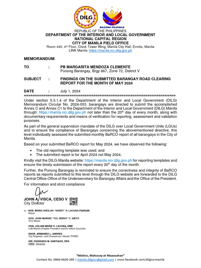 Memorandum To Barangay Re Barco Findings | PDF | Manila | Metro Manila