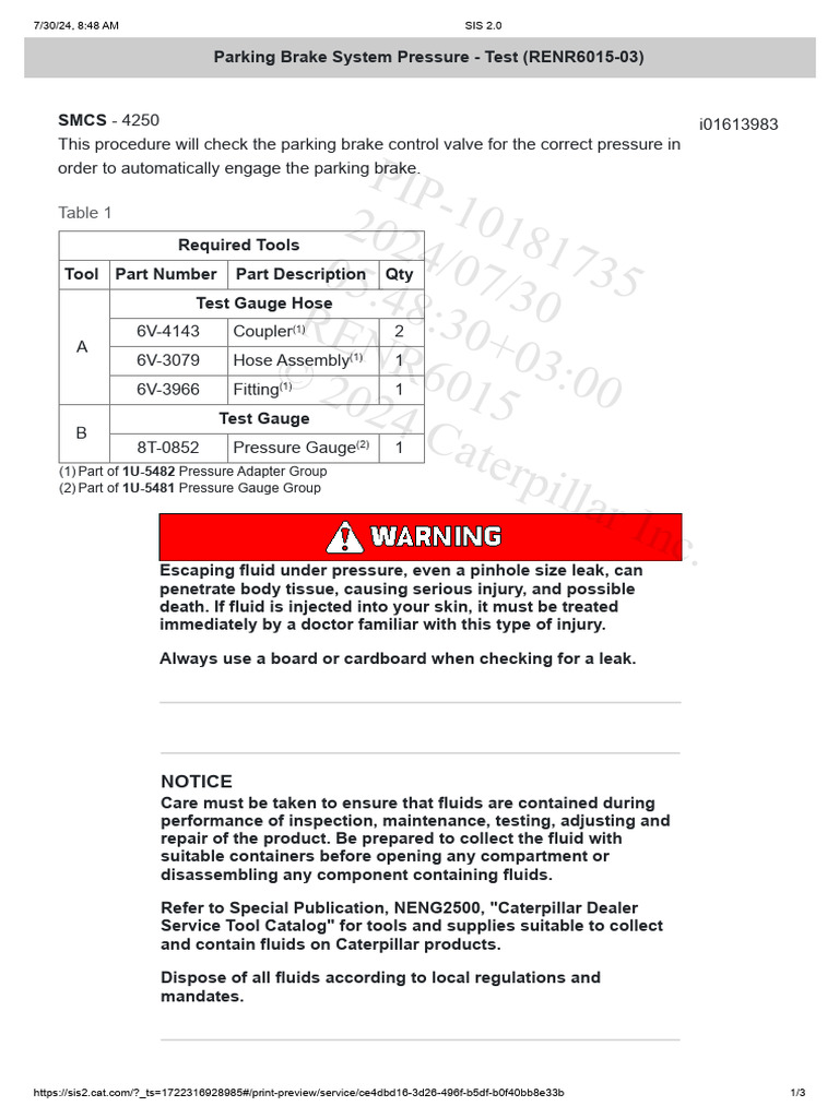 Parking Brake System Pressure - Test (RENR6015-03) | PDF | Brake | Leak