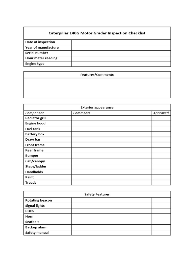 KH Plant Caterpillar 140G Inspection Checklist | PDF