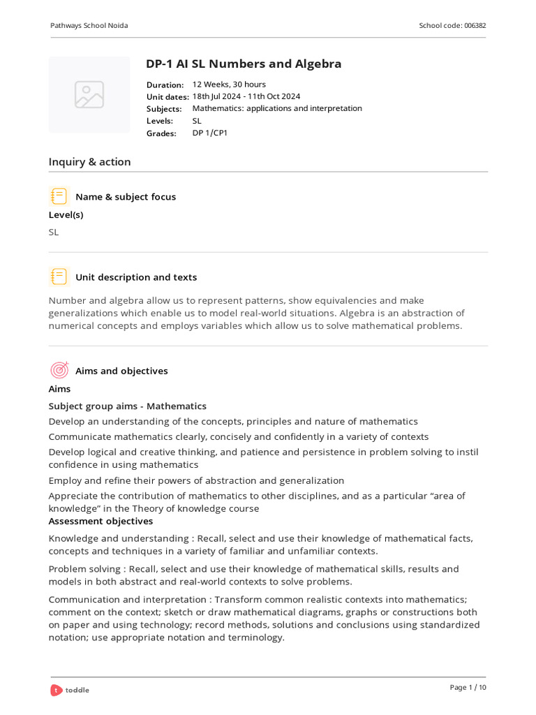 AI SL Unit Plan-1 - Pooja Sharma | PDF | Mathematics | Algebra
